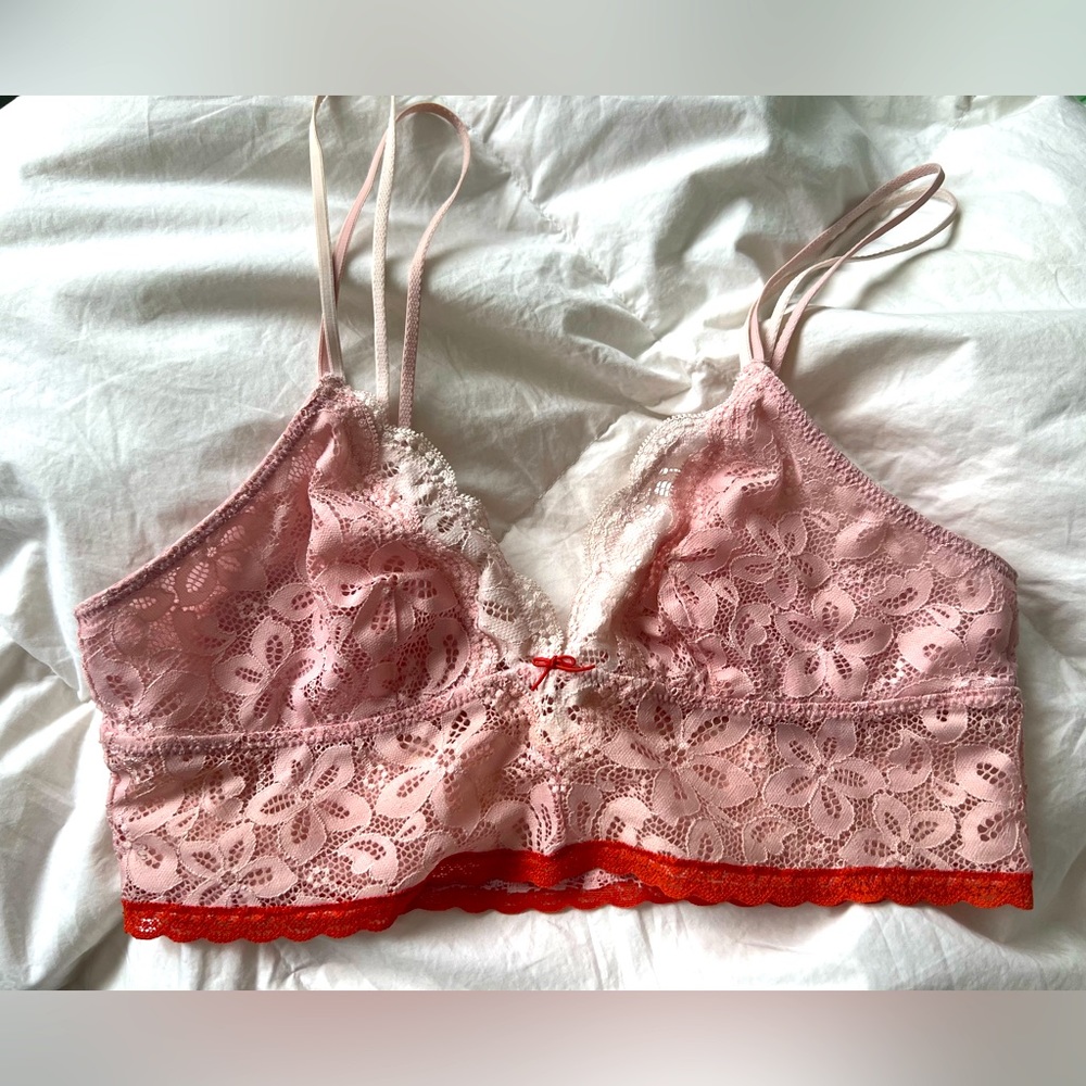 Rare Aerie Pink Bow Lace Midline Bralette Size Medium - Gem